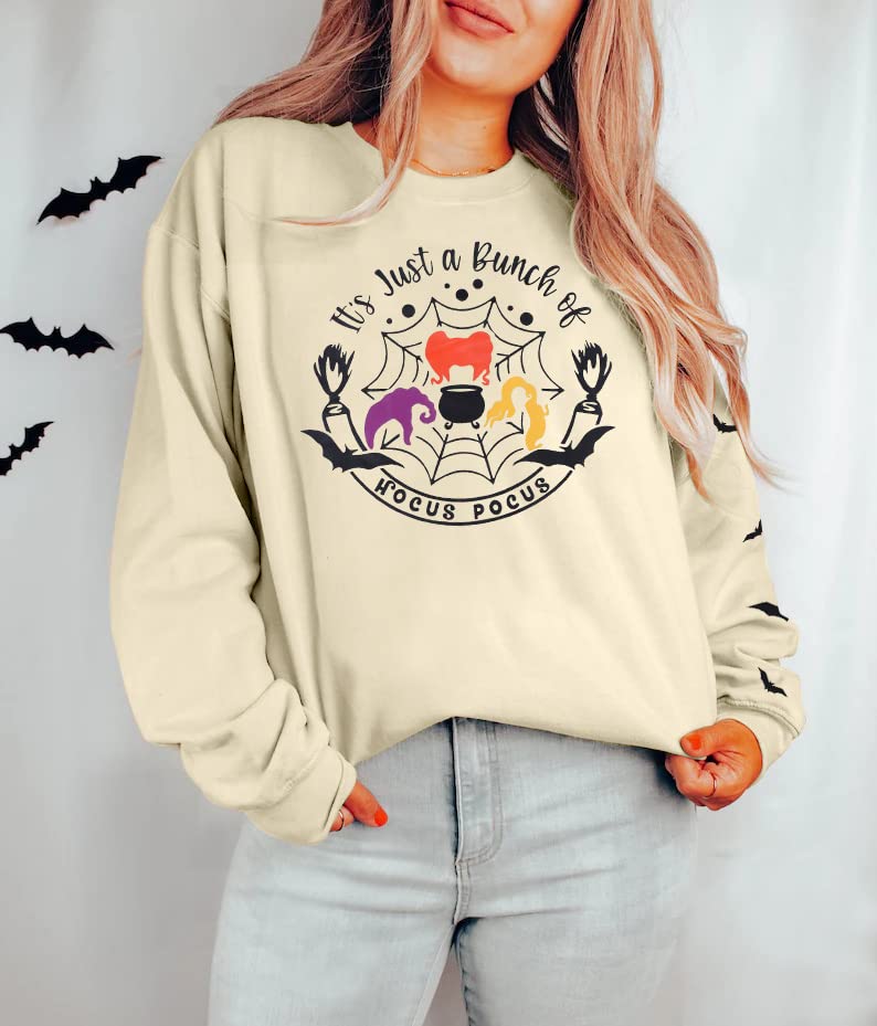 MOUSYA It's Just A Bunch of Hocus Pocus Sweatshirt Women Halloween Sanderson Sisters Graphic Long Sleeve Pullover Shirt Apricot