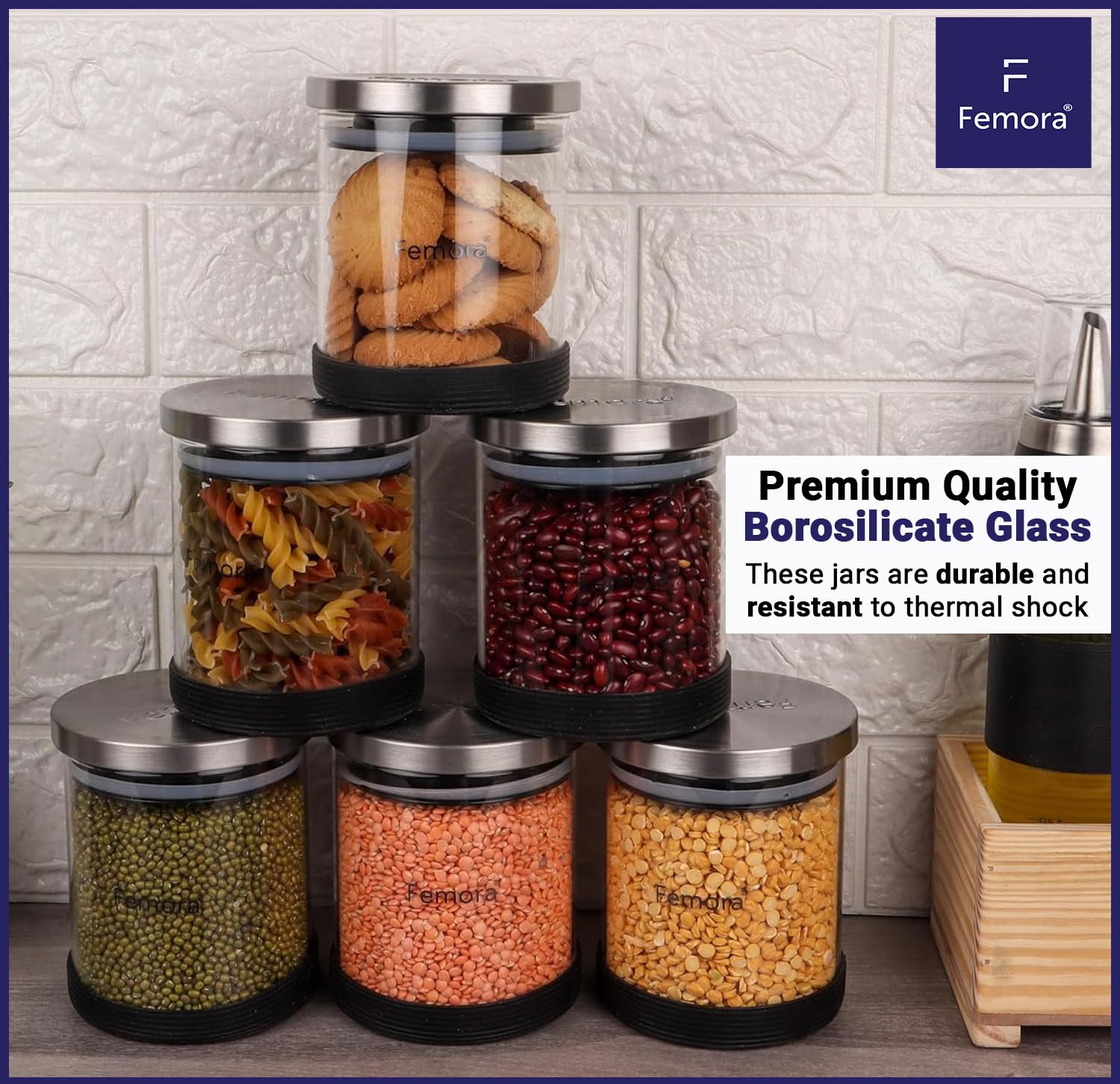 Femora Borosilicate Glass Air-Tight Jar with Silicon Base, 900 ml, Set of 2