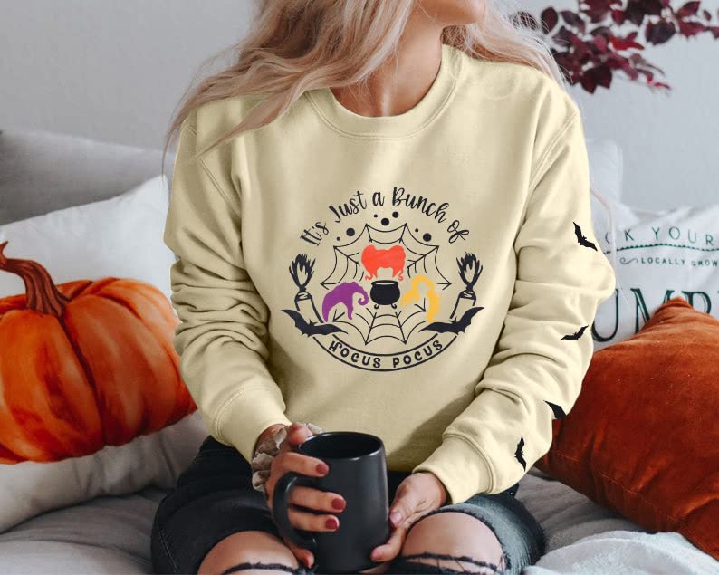MOUSYA It's Just A Bunch of Hocus Pocus Sweatshirt Women Halloween Sanderson Sisters Graphic Long Sleeve Pullover Shirt Apricot
