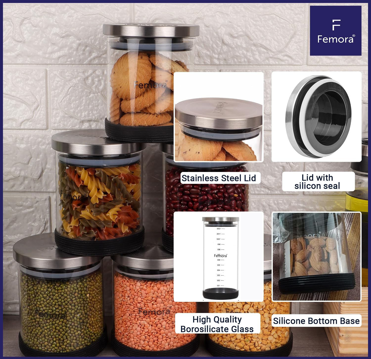 Femora Borosilicate Glass Air-Tight Jar with Silicon Base, 900 ml, Set of 2