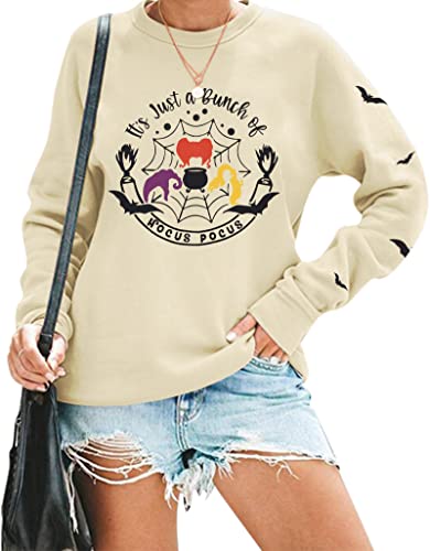 MOUSYA It's Just A Bunch of Hocus Pocus Sweatshirt Women Halloween Sanderson Sisters Graphic Long Sleeve Pullover Shirt Apricot