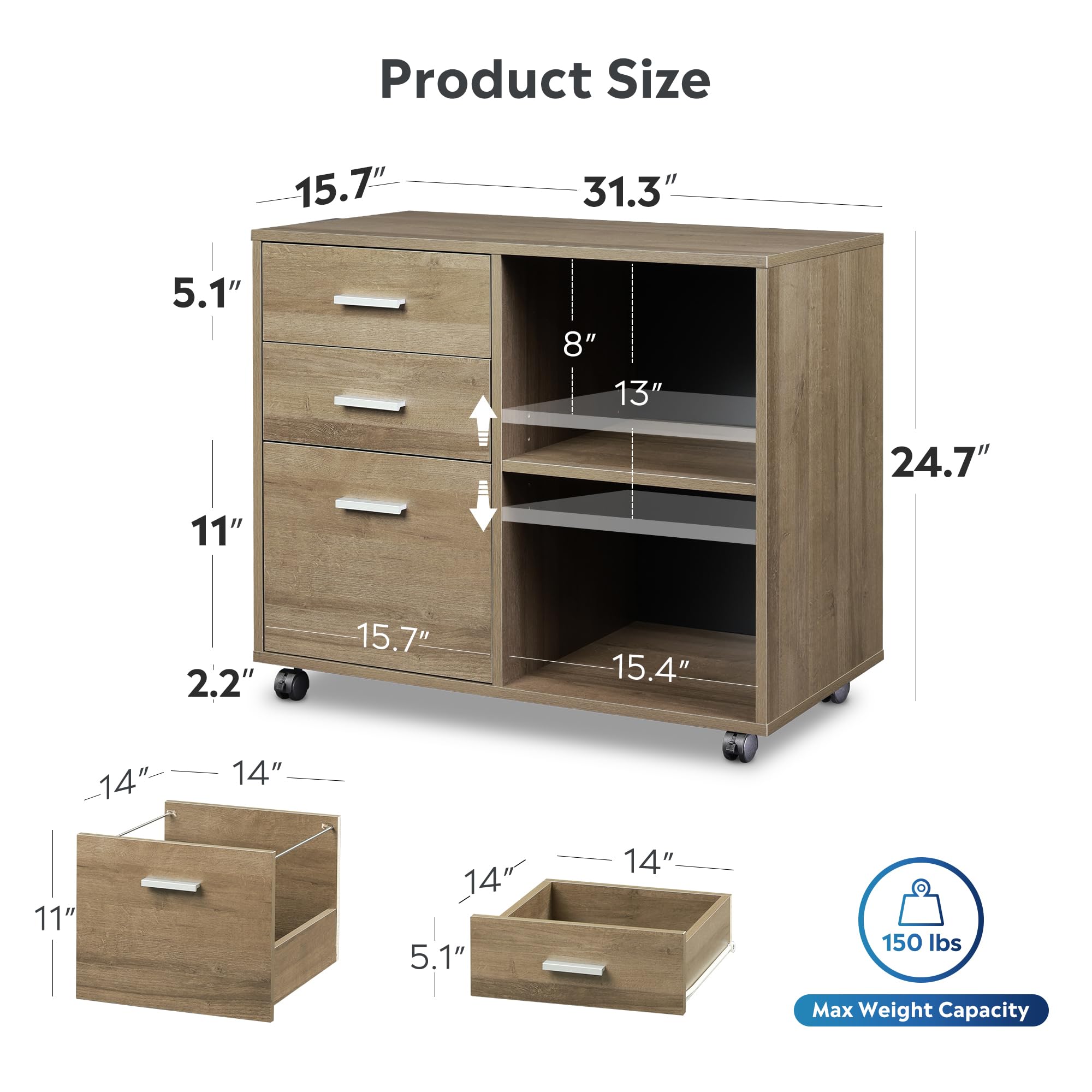 DEVAISE 3 Drawer Mobile File Cabinet, Wood Lateral Filing Cabinet, Printer Stand with Open Shelves for Home Office, Gray Oak