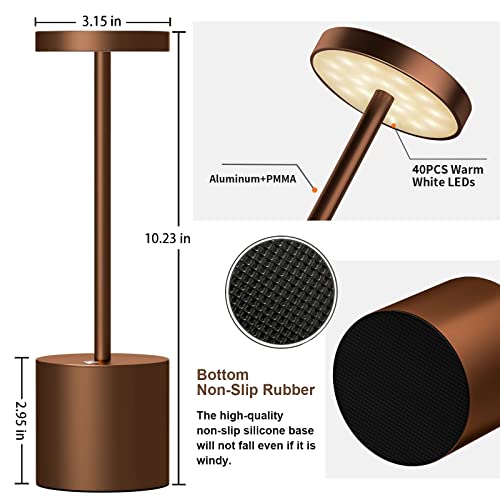 Sikevht 2 Pack Cordless LED Table Lamp, Fast Charge chip,Rechargeable Desk Lamps, 3-Levels Brightness LED Metal USB Table Light for Restaurant/Bedroom/Outdoor/Bar/Coffee Shop (2 Pack Brown)