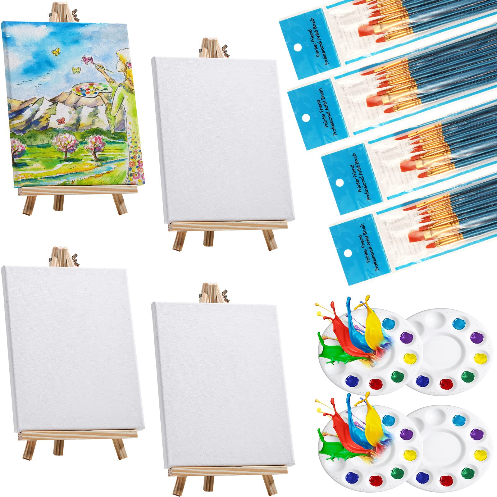 52 Pcs Paint Set Includes 4 Pcs 8 x 10 Inch Canvases 4 Pcs 7 x 9.5 Inches Wood Easel 40 Nylon Hair Painting Brushes 4 Plastic Palettes Painting Supplies Kit for Kids Adults Painting Party