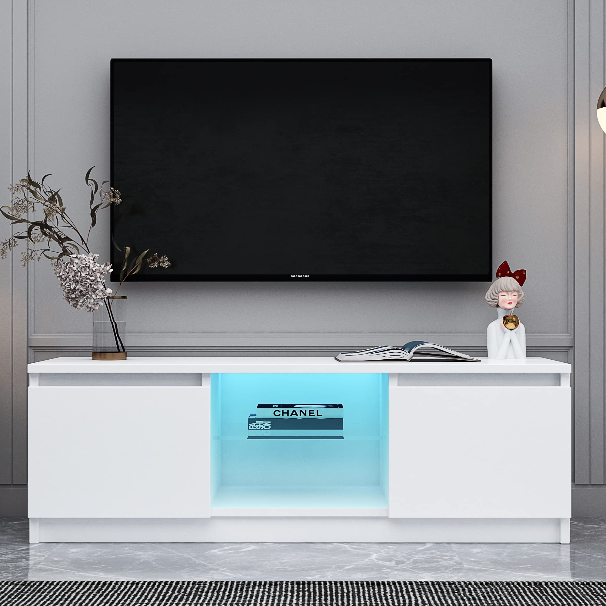 Boloni White TV Stand with LED Light for 55 Inch TV, Modern Entertainment Center Stand with 2 Drawer Storage, Media Console Cabinet with Color-Changing Lighting for Living Room