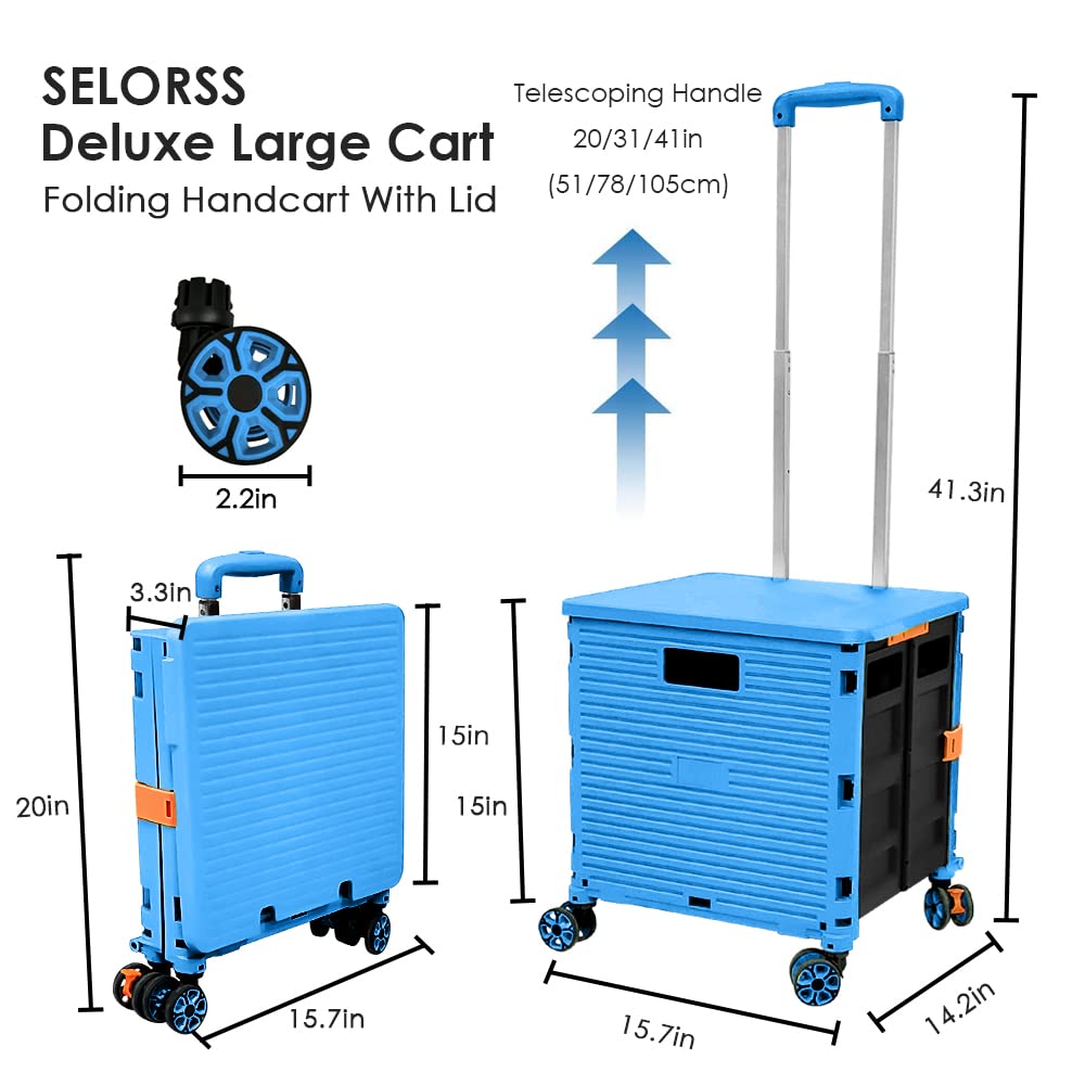 SELORSS Foldable Utility Cart Portable Collapsible Crate Rolling Carts with Wheels Rolling Tote Basket Teacher Cart with Lid Wear-Resistant 360°Rotate Wheel Noiseless for Shopping Storage Office Use
