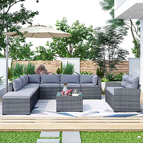 Cotoala 9-Piece Outdoor Patio Large Wicker Sofa Set, PE Rattan Conversation Sectional Couch with Ottoman and Glass Coffee Table for Garden, Backyard, Porch and Poolside, Grey