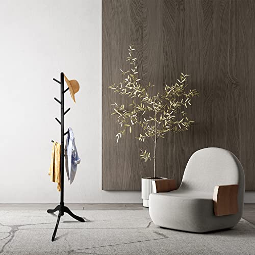 YEVONNIE Coat Rack Free Standing, Solid Wood Coat Stand, Hall Coat Tree with 8 Hooks for Coats, Hats, Bags, Purses, for Entryway, Hallway, Rubberwood (BLACK)