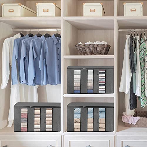 Large Capacity Storage Bags, 4 Pack Clothes Storage Bins, Foldable Closet Organizers with Handle, Thick Fabric and Sturdy Zipper for Comforters, Blankets, Bedding (Light Grey)