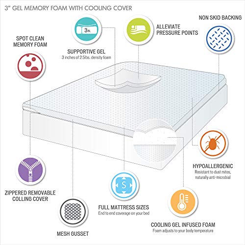 Sleep Philosophy Gel Infused Memory Foam Mattress Topper Luxurious All Season Enhanced Bed Support, Queen(3" Thick), Removable Cooling Cover