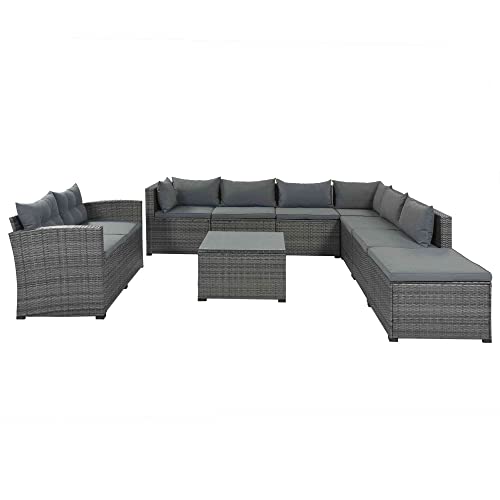 Cotoala 9-Piece Outdoor Patio Large Wicker Sofa Set, PE Rattan Conversation Sectional Couch with Ottoman and Glass Coffee Table for Garden, Backyard, Porch and Poolside, Grey