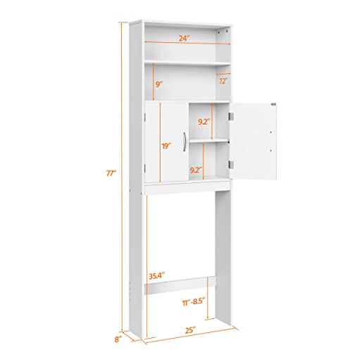 Topeakmart Over The Toilet Storage with 2 Doors & Adjustable Shelf, Free Standing Toilet Rack, Home Space-Saving Furniture with 2 Upper Open Compartments, L25xW8xH77 Inches, White