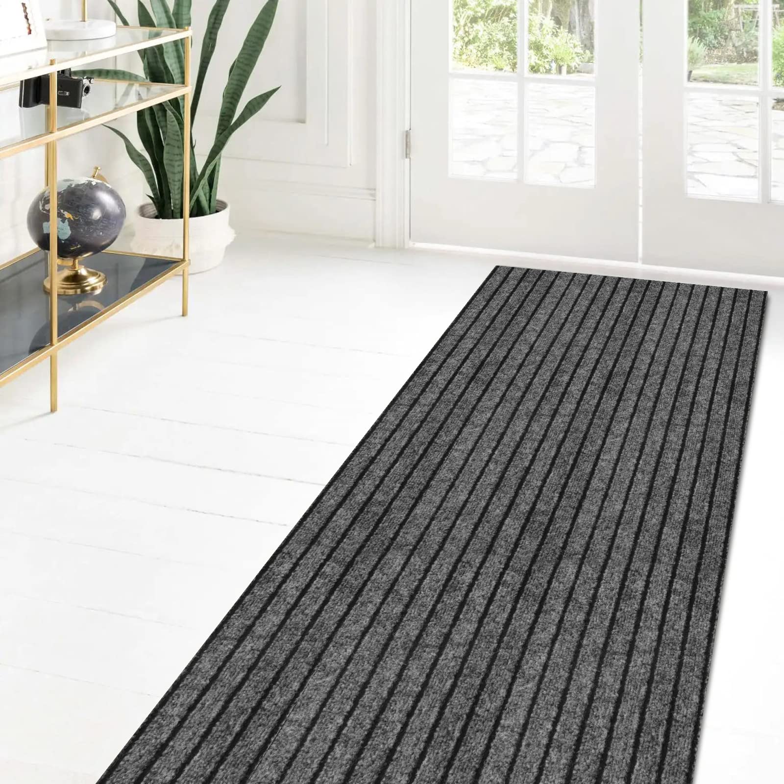 Custom Size Runner Rug 2 ft x 12 ft, ZGR 2-82ft Carpet Runners Hallway Entryway Kitchen Garage Laundry Room Area Rugs with Non-Slip Rubber Backing, Gray with Black Stripe