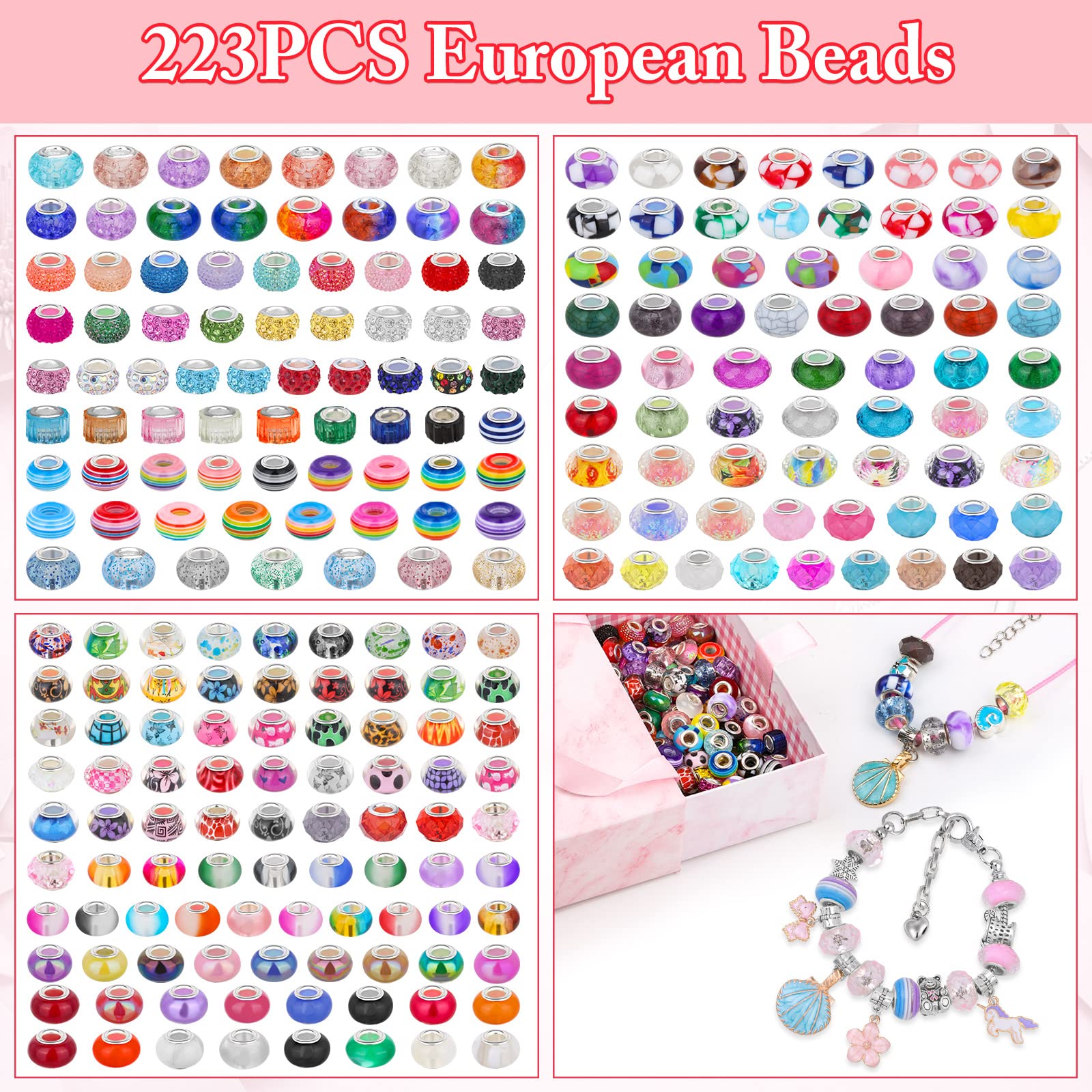 Cludoo Large Hole Glass Beads for Jewelry Making, 224PCS European Beads Bulk Mixed Color Spacer Beads with Rhinestones Lampwork Beads for DIY Craft Charms Bracelet Necklace Earring Making