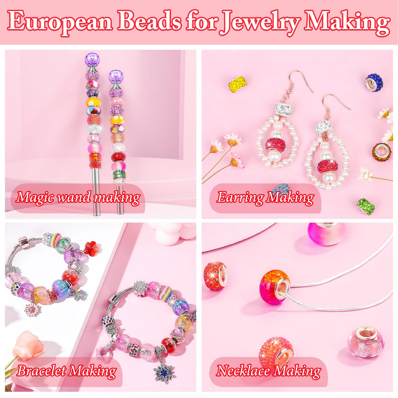 Cludoo Large Hole Glass Beads for Jewelry Making, 224PCS European Beads Bulk Mixed Color Spacer Beads with Rhinestones Lampwork Beads for DIY Craft Charms Bracelet Necklace Earring Making