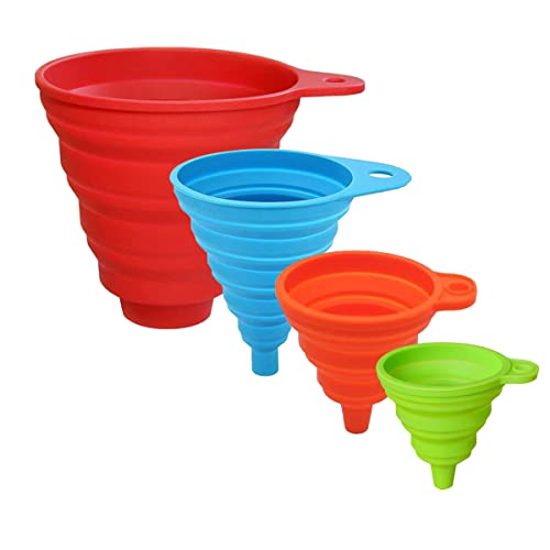 4Pcs Kitchen Funnels for Filling Bottles Canning, Food Grade Silicone Collapsible Funnel Set, Large Funnel for Wide Mouth Jar, Small/Mini Funnel for Transfer Oil Powder