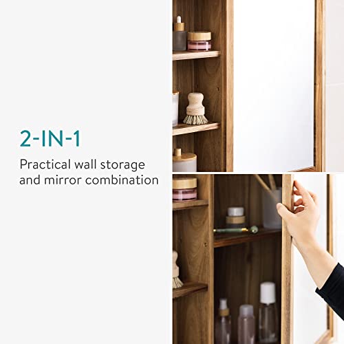 Navaris Wooden Bathroom Cabinet - Acacia Wood Cupboard with Mirror & Shelves - Wall Mounted Storage Unit for Bath Room or Restroom - 23.8"x23.6"x5.5"