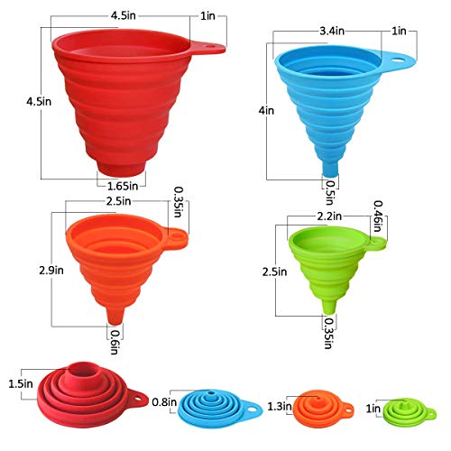 4Pcs Kitchen Funnels for Filling Bottles Canning, Food Grade Silicone Collapsible Funnel Set, Large Funnel for Wide Mouth Jar, Small/Mini Funnel for Transfer Oil Powder