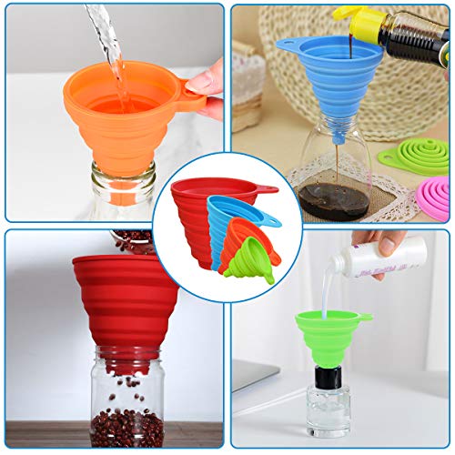 4Pcs Kitchen Funnels for Filling Bottles Canning, Food Grade Silicone Collapsible Funnel Set, Large Funnel for Wide Mouth Jar, Small/Mini Funnel for Transfer Oil Powder