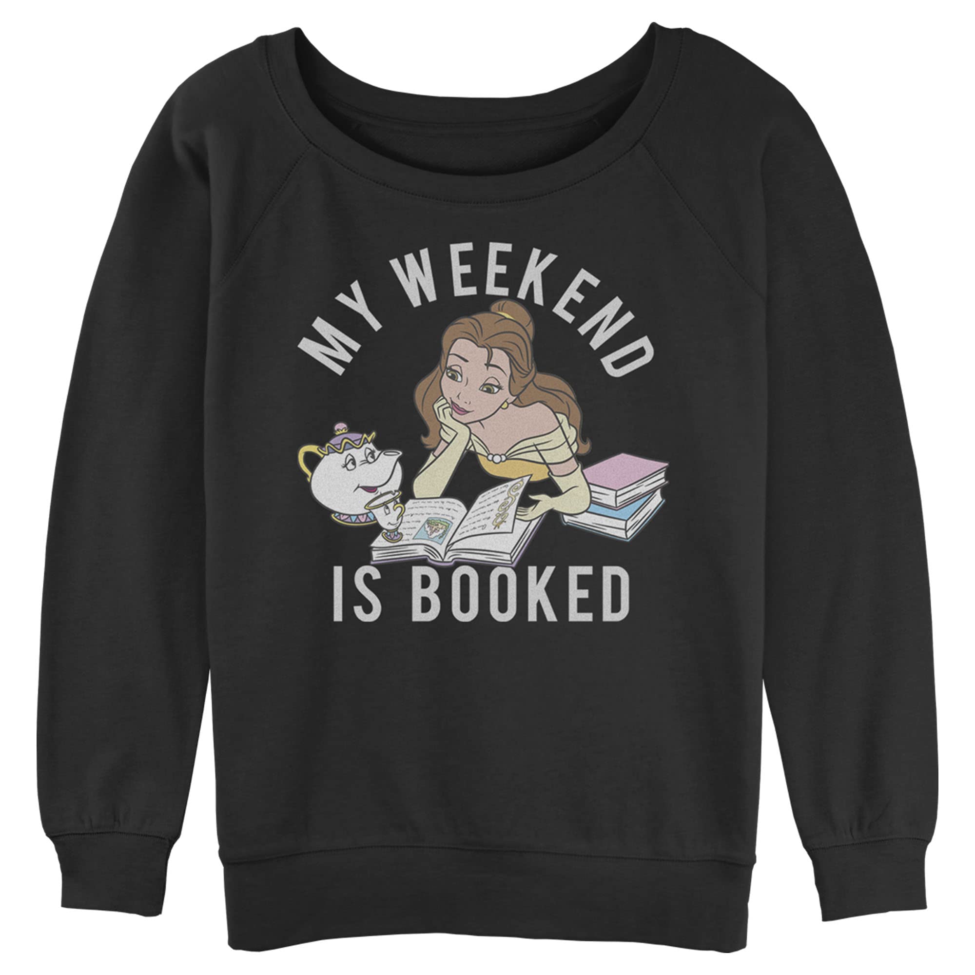 Disney Women's Princesses Booked Junior's Raglan Pullover with Coverstitch, Black, Large