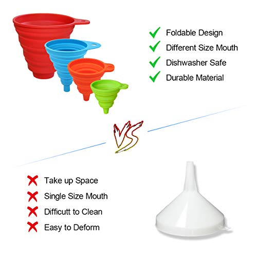 4Pcs Kitchen Funnels for Filling Bottles Canning, Food Grade Silicone Collapsible Funnel Set, Large Funnel for Wide Mouth Jar, Small/Mini Funnel for Transfer Oil Powder