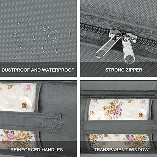 NUZYZ Large Underbed Storage Bags Organizer Capacity Box with Sturdy Zippers Clothes organizer Reinforced Handles and Clear windows for Store Blankets, Bedding, Clothes, Polyester Blend (4Pcs, Light Gray 2Big 2Small)
