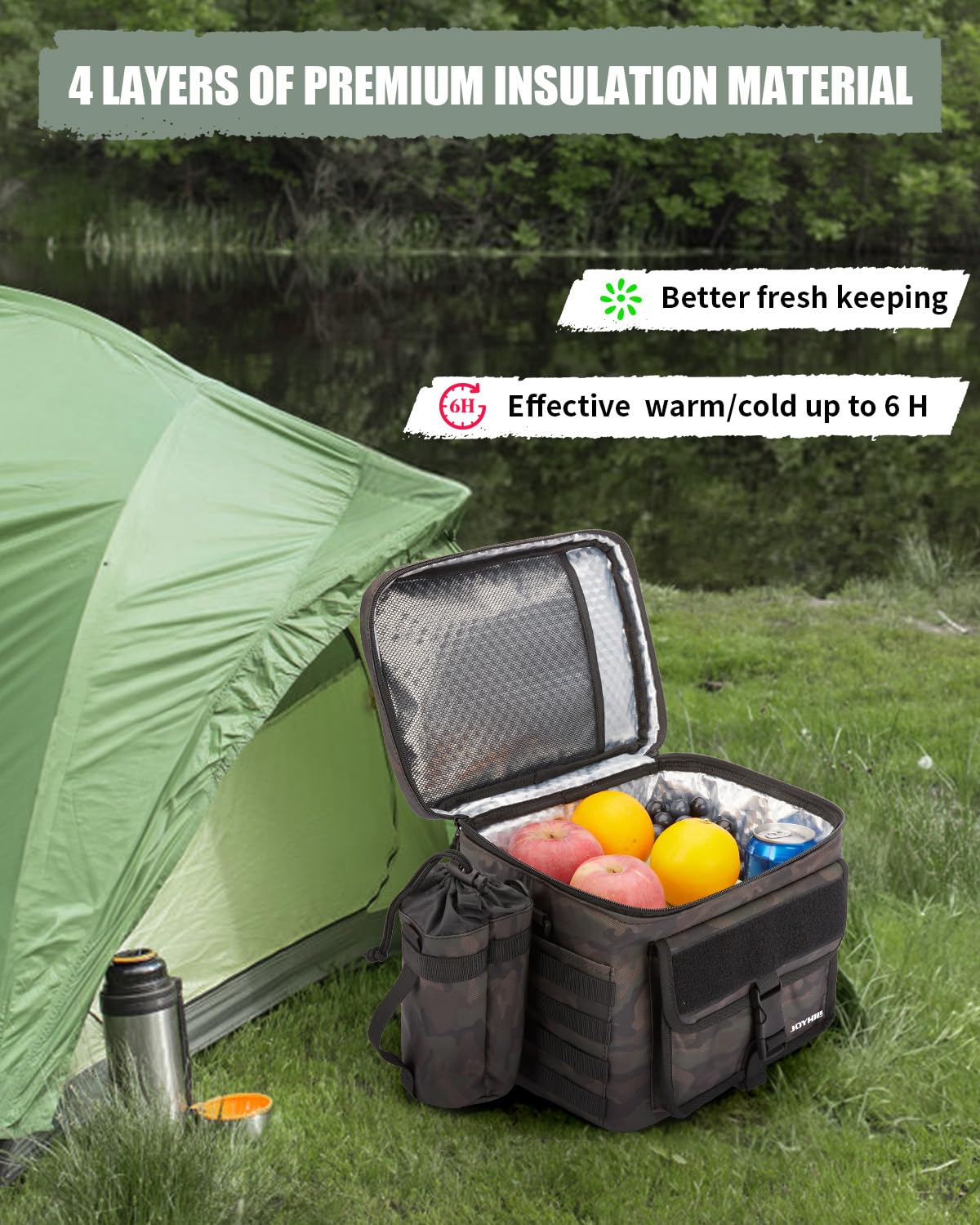 JOYHILL Tactical Lunch Box for Men, Insulated Lunch Bag with Detachable Bottle Pouch Holder, Medium Durable Thermal Cooler Bag,Modern Leakproof Bag for Work, Camping, Picnic,Green,13L/18 Can