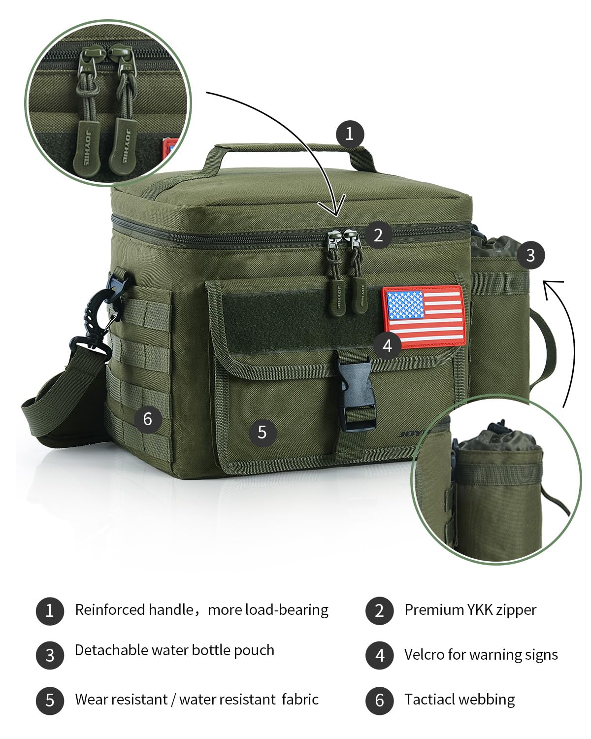 JOYHILL Tactical Lunch Box for Men, Insulated Lunch Bag with Detachable Bottle Pouch Holder, Medium Durable Thermal Cooler Bag,Modern Leakproof Bag for Work, Camping, Picnic,Green,13L/18 Can