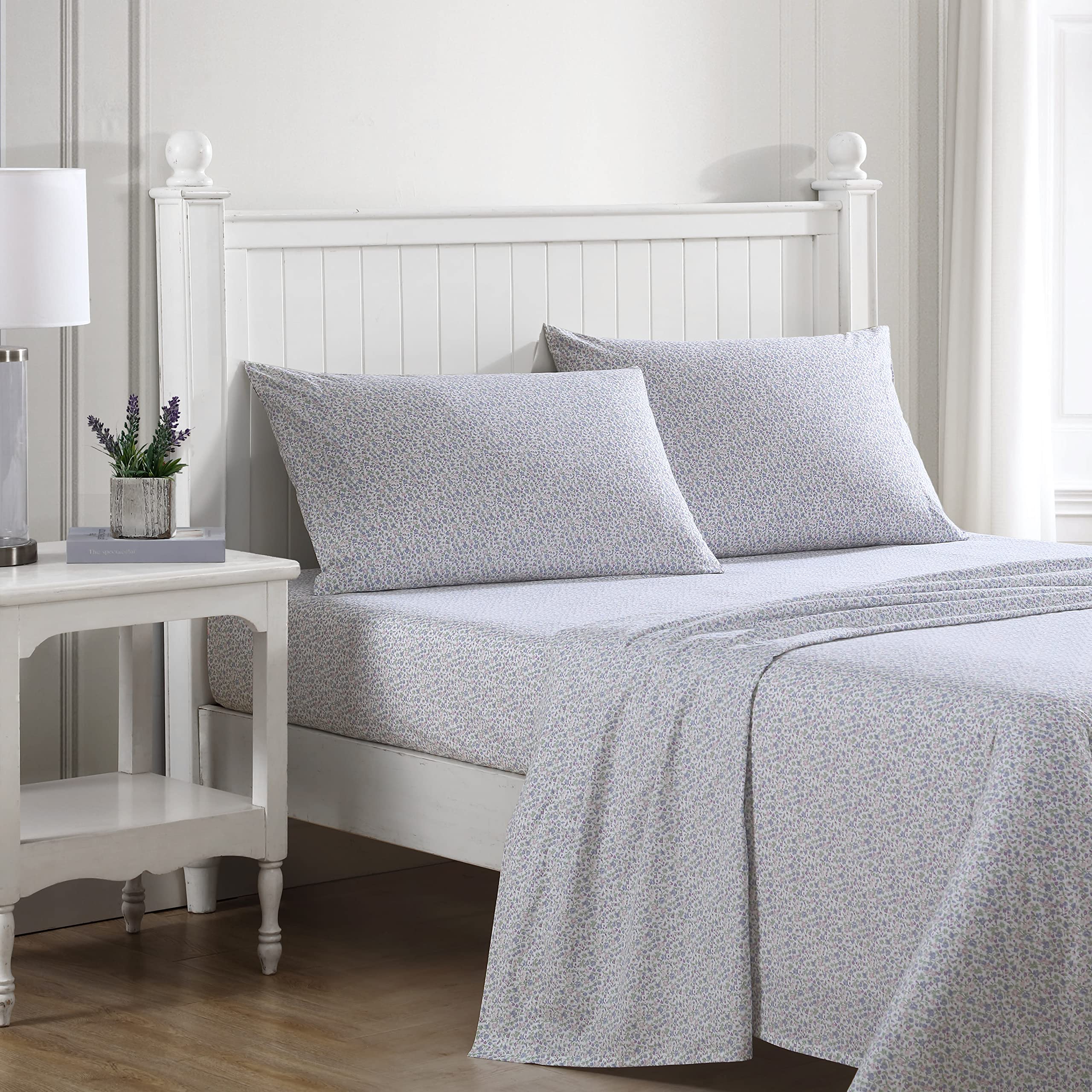 Laura Ashley - Standard Pillowcase Set, Breathable Percale Cotton Bedding, Crisp & Cool Home Decor (Emogene Purple, 2 Piece)