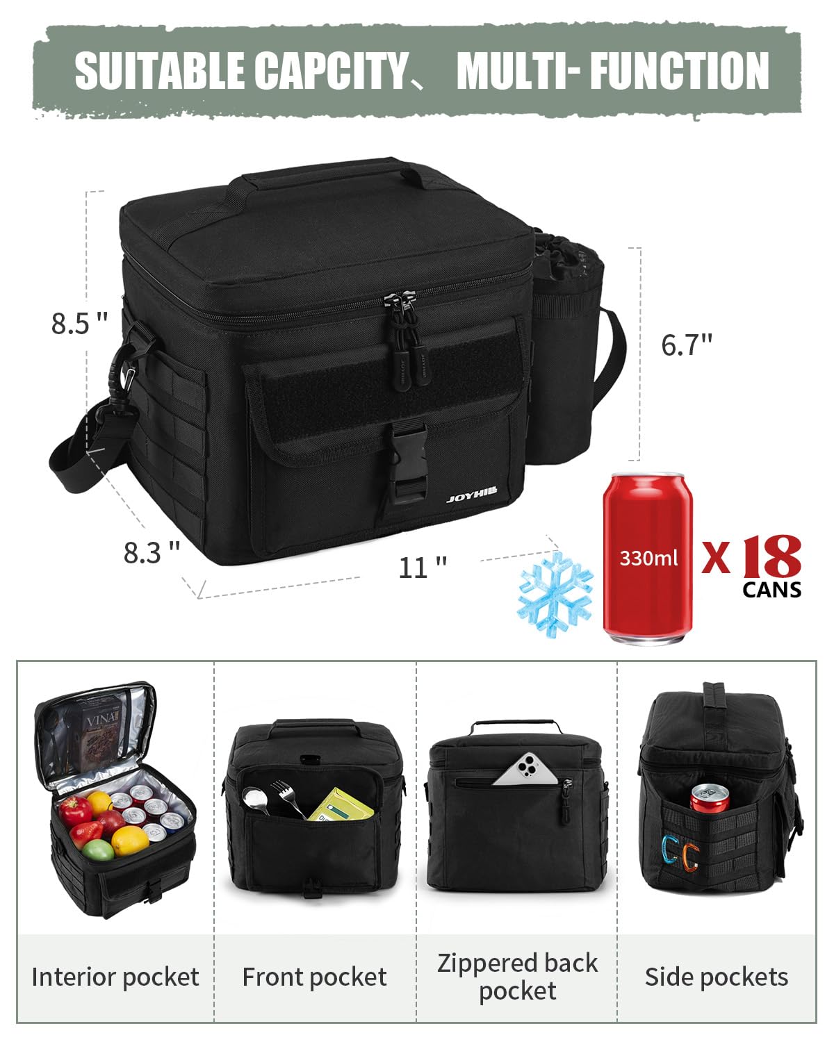 JOYHILL Tactical Lunch Box for Men, Insulated Lunch Bag with Detachable Bottle Pouch Holder, Medium Durable Thermal Cooler Bag,Modern Leakproof Bag for Work, Camping, Picnic,Green,13L/18 Can