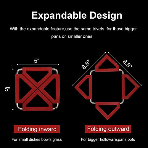 Set of 5 Silicone Trivet Mat Expandable Hot Pot Holder with Stainless Steel Frame for Home Kitchen Heat Resistant Insulated Hot Pads Coasters Table Dish Mat Tableware Placemat for Hot Pans Bowls
