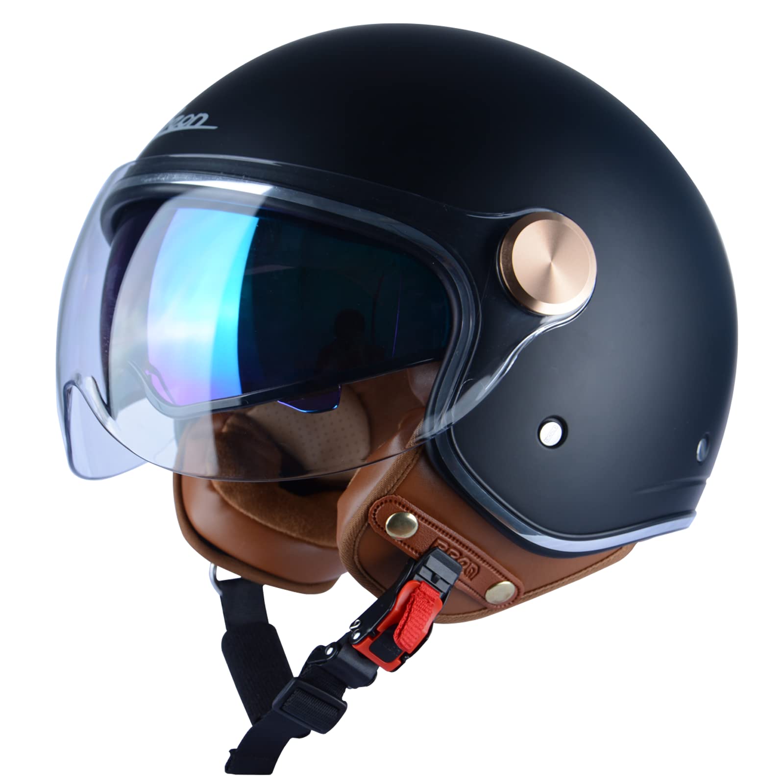BEON Half 3/4 Face Motorcycle Helmet, DOT Approved, Retro Vintage Style, Dual Visors Men’s and Women’s Motorbike Casco for Moped Cruiser Bobber and Chopper (L, Matte Black)