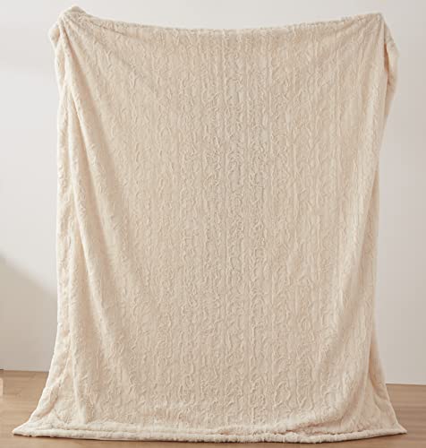 COZYART Faux Fur Throw Blanket for Couch - 50"x60" Cream Super Soft Plush Luxurious and Elegant with Comfy Reversible Microfiber Fluffy Blankets and Throws for Bed Home Decorative