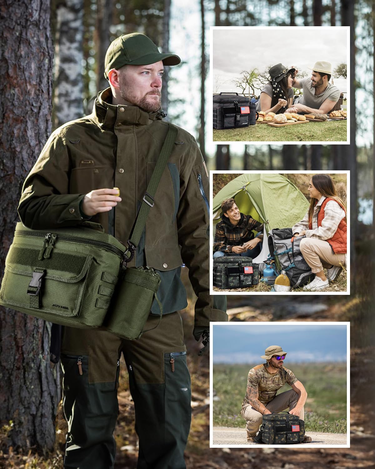 JOYHILL Tactical Lunch Box for Men, Insulated Lunch Bag with Detachable Bottle Pouch Holder, Medium Durable Thermal Cooler Bag,Modern Leakproof Bag for Work, Camping, Picnic,Green,13L/18 Can