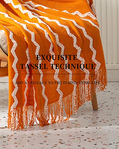 SPAOMY Fluffy Chenille Knitted Throw Blanket with Tassels Soft Cozy Lightweight Decorative Throw Blanket for Bed, Sofa, Travel- All Seasons (50x60 Inch, Dark Gold Wave)