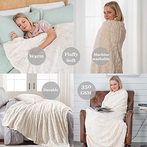 COZYART Faux Fur Throw Blanket for Couch - 50"x60" Cream Super Soft Plush Luxurious and Elegant with Comfy Reversible Microfiber Fluffy Blankets and Throws for Bed Home Decorative