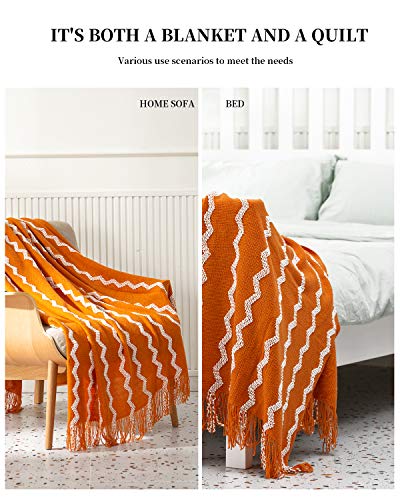 SPAOMY Fluffy Chenille Knitted Throw Blanket with Tassels Soft Cozy Lightweight Decorative Throw Blanket for Bed, Sofa, Travel- All Seasons (50x60 Inch, Dark Gold Wave)