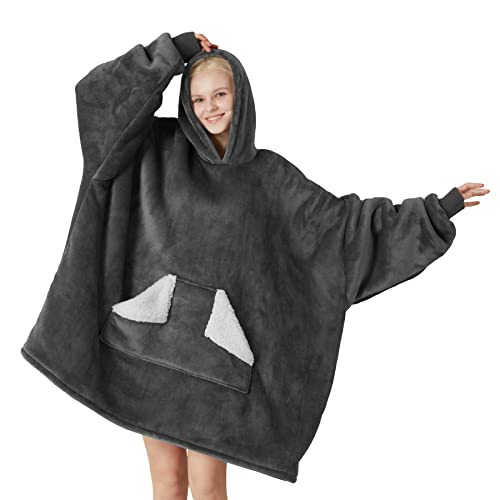 Touchat Wearable Blanket Hoodie, Oversized Sherpa Blanket Sweatshirt with Hood Pocket and Sleeves, Hooded Blanket for Adult Women Men, (Gray)