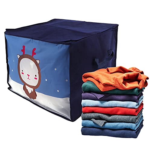 Clothes Storage Bag, Handle Design Double Zipper Non‑woven Fabric and PVC Fabric Clothes Storage Basket for Daily Storage Requirements for Storing Quilts(Cross section navy blue)