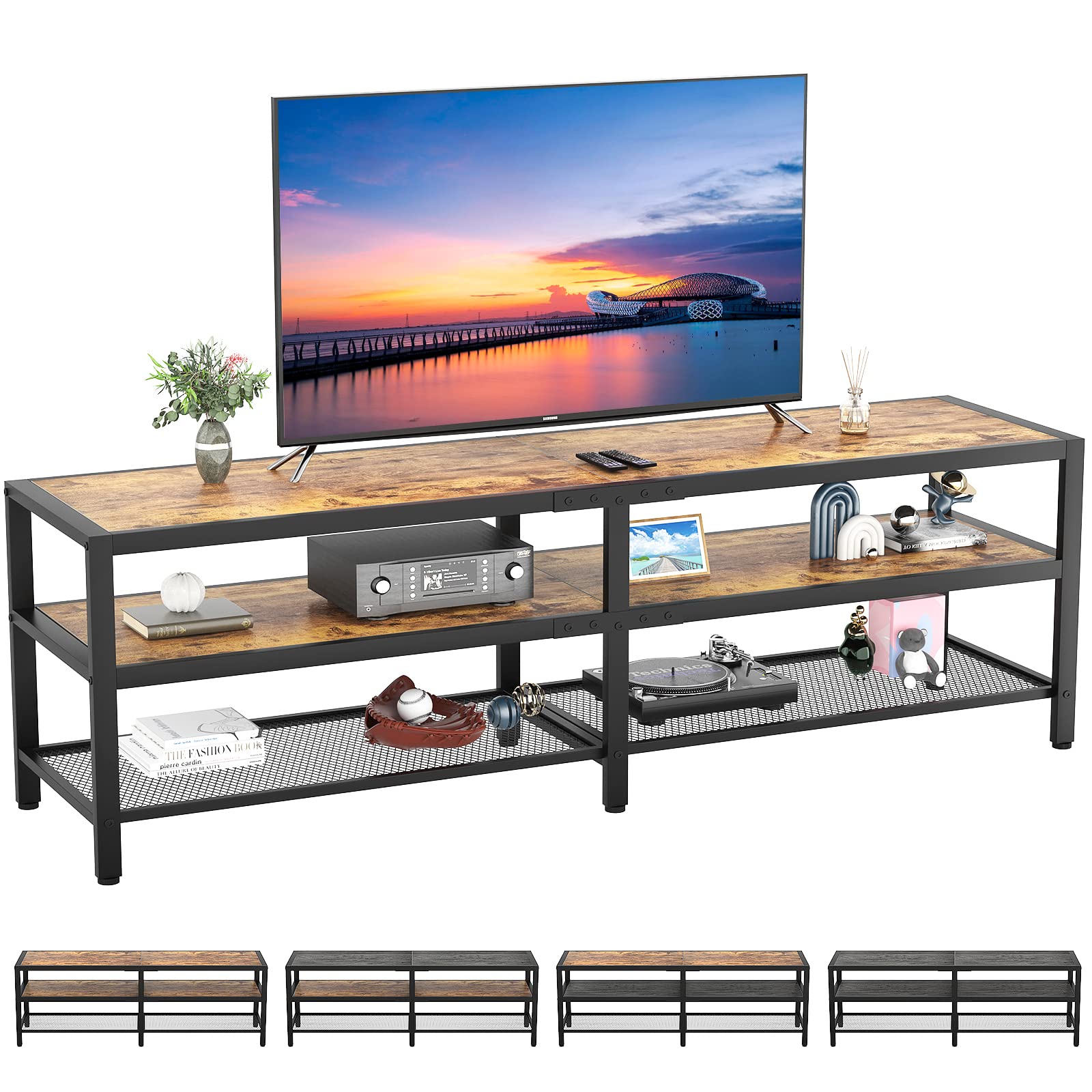 Unikito TV Stand for 75 80 inch TV, Two-color Industrial Entertainment Center TV Console, Long 70" TV Table with 3 Tiers Open Storage Shelves for Living Room Bedroom, Rustic Brown and Gray Oak