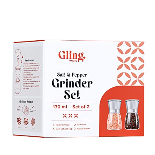 GLING Salt and Pepper Grinder Set - Refillable Sea Salt & Peppercorn Stainless Steel Shakers - Salt and Pepper Mill - 5 Inch