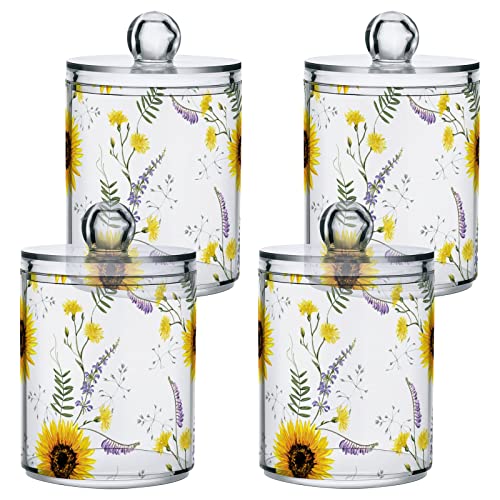 Kigai 2 Pack Apothecary Jars Sunflower Floral White Qtip Holder Organizer Clear Airtight Container for Cotton Swabs Food Storage 14oz Plastic Jars with Lids
