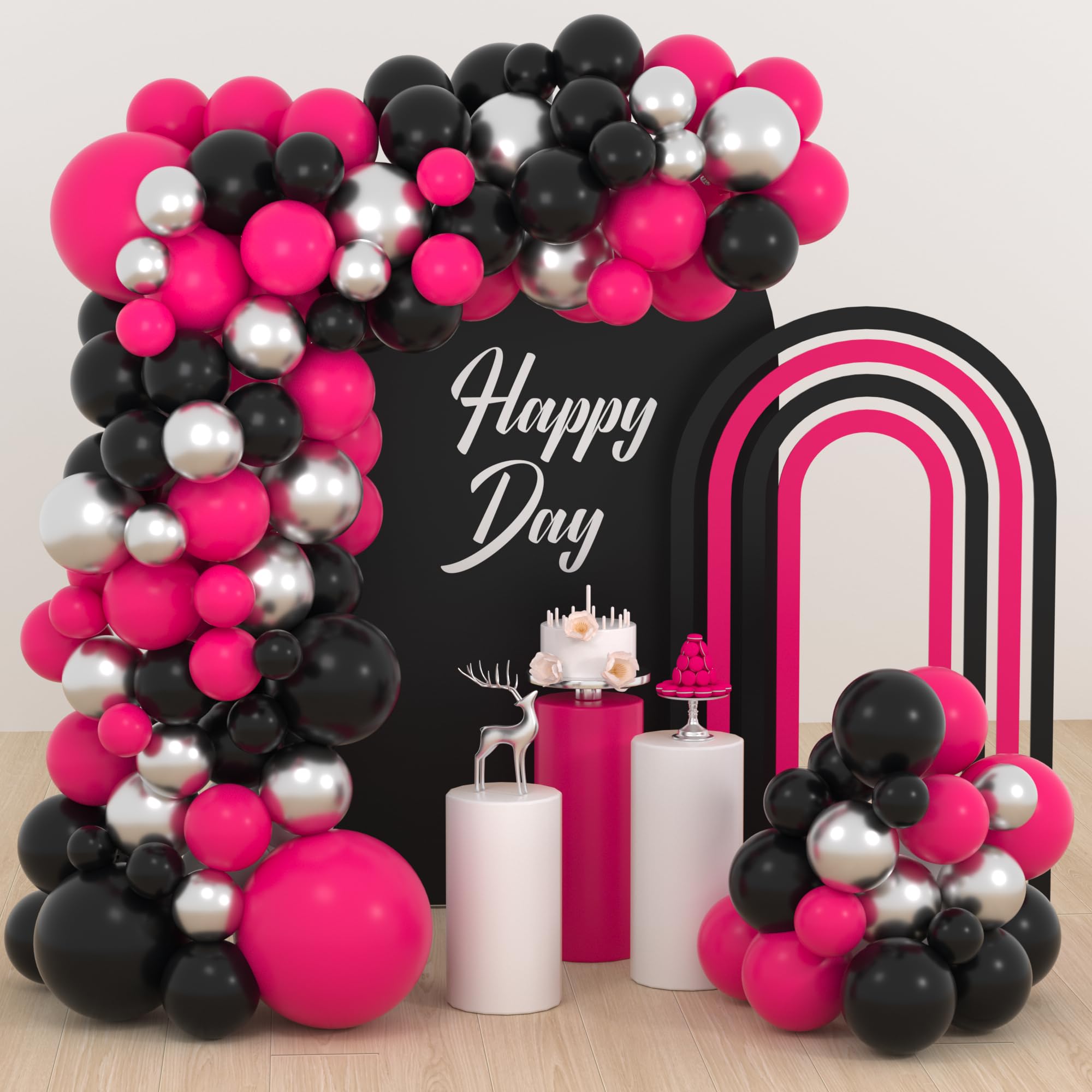 Hot Pink Black Balloon Garland Arch Kit, 122PCS Rose Red Black Hot Pink Balloons Metallic Silver Balloons for Birthday Wedding Engagement Baby Bridal Shower Anniversary Girl Spa Party Decorations
