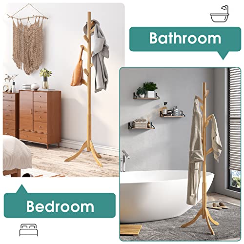 viewcare Coat Rack Free Standing, Adjustable Coat Tree with 8 Hooks, Bamboo Coat Stand for Entryway, Hallway, Corner, Bedroom & Office, Sturdy Coat Rack for Coats, Hats, Scarves, and Handbags