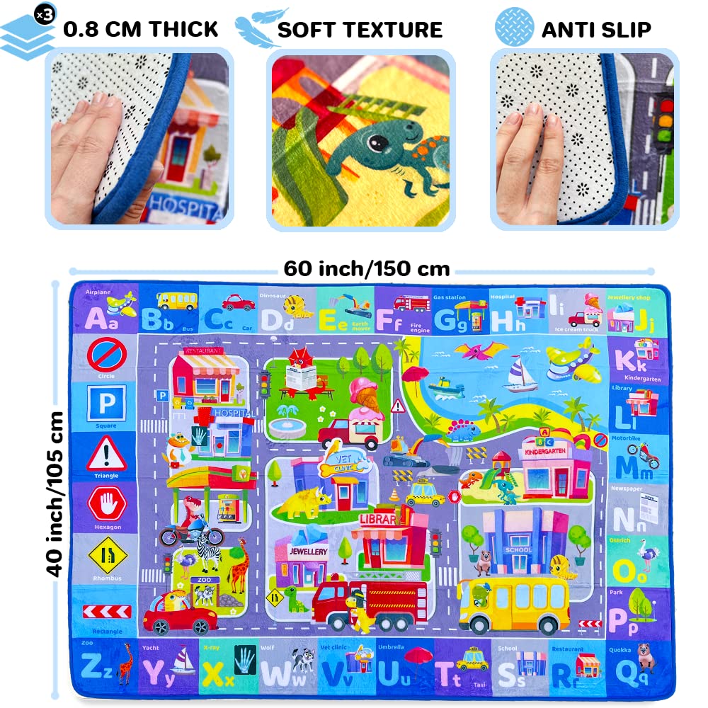 QUOKKA ABC Floor Play Mat – Extra Thick 0.8cm Non-Slip Padded Nursery Rug with City Design for Babies Toddlers & Kids – Super Soft Plush Mat for Playroom - Foldable Gift for Boys and Girls
