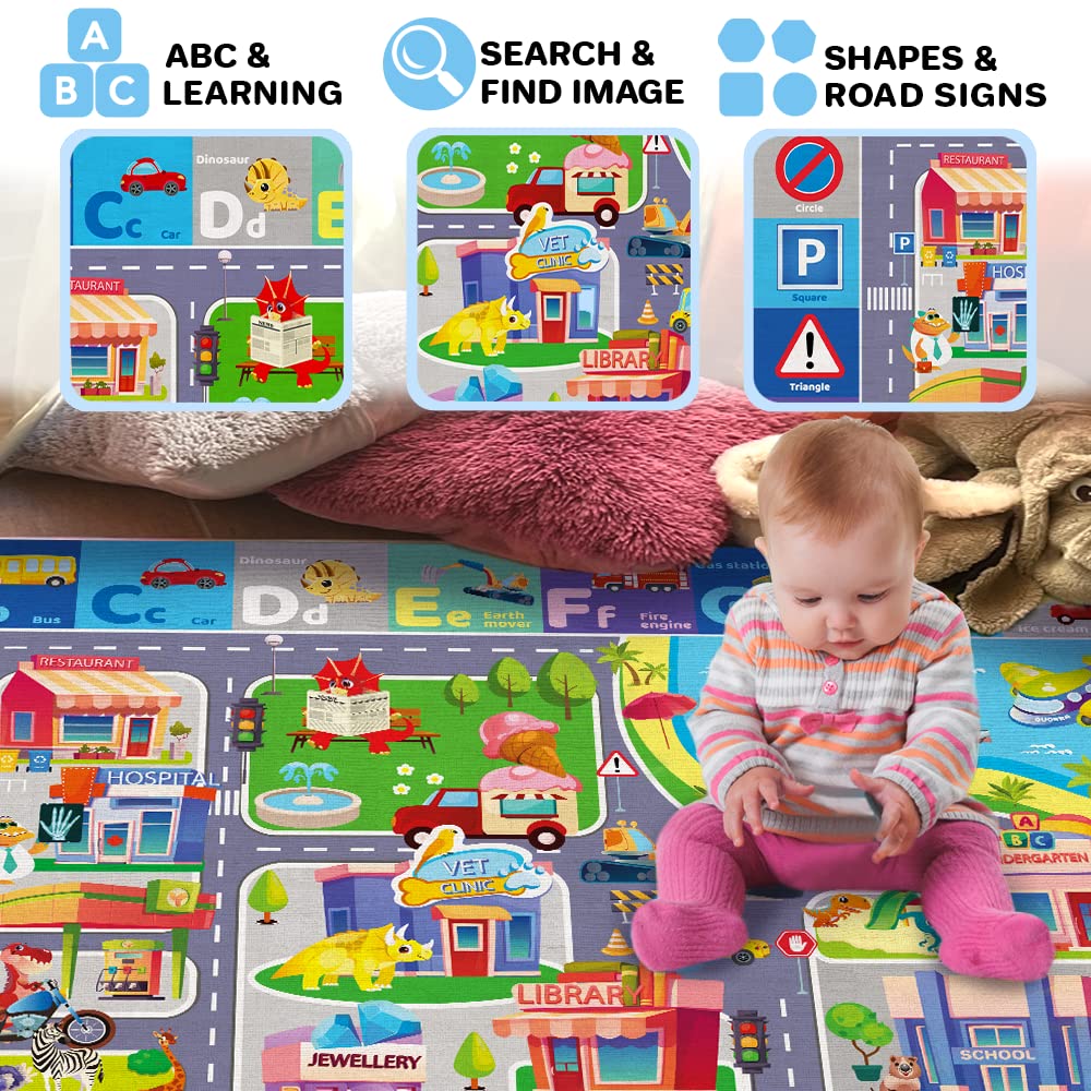 QUOKKA ABC Floor Play Mat – Extra Thick 0.8cm Non-Slip Padded Nursery Rug with City Design for Babies Toddlers & Kids – Super Soft Plush Mat for Playroom - Foldable Gift for Boys and Girls