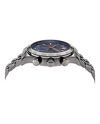 Versace Hellenyium Collection Luxury Mens Watch Timepiece with a Grey Bracelet Featuring a Grey Case and Blue Dial