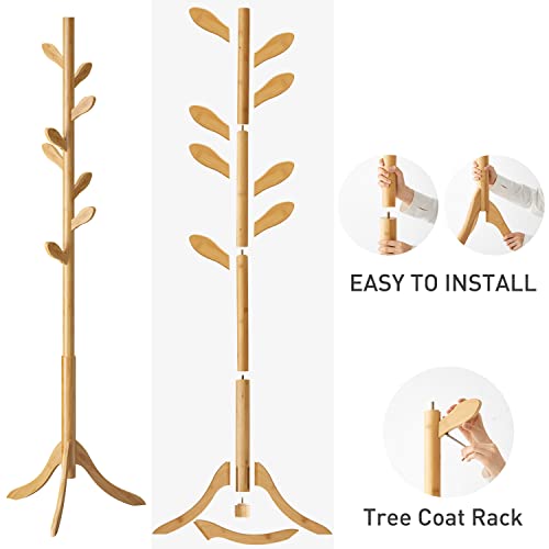 viewcare Coat Rack Free Standing, Adjustable Coat Tree with 8 Hooks, Bamboo Coat Stand for Entryway, Hallway, Corner, Bedroom & Office, Sturdy Coat Rack for Coats, Hats, Scarves, and Handbags