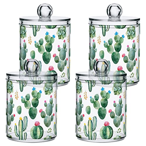 BOENLE 2 Pack Qtip Holder Dispenser Green Cactus Succulents Flowers Storage Canister Bathroom Apothecary Jars Acrylic Plastic Vanity Organizer Lid for Cotton Swab/Ball/Pad