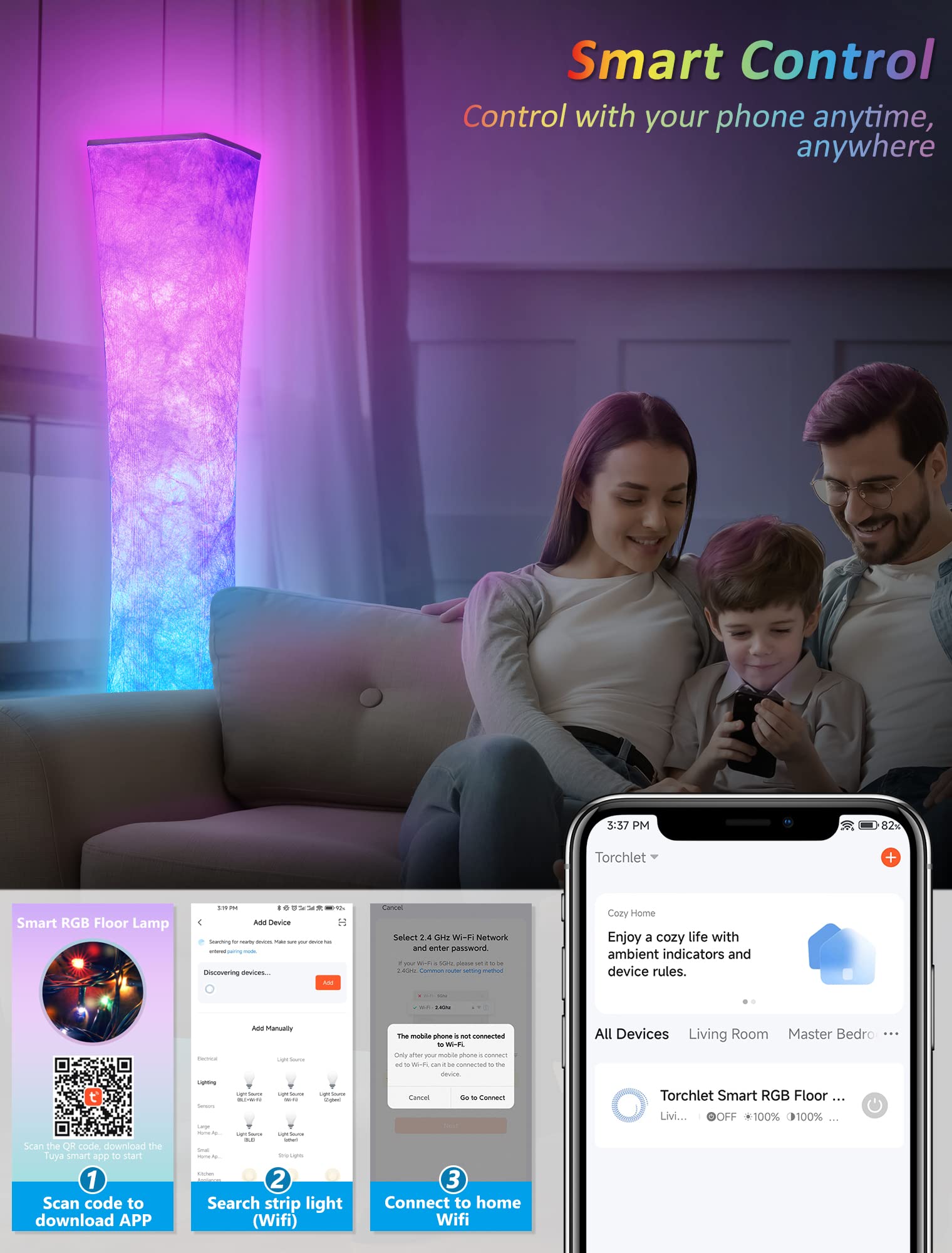 Torchlet RGB Led Smart Lamp Alexa APP Control, Color Changing Modern Floor Standing Lamp with DIY Mode, Music Sync and White Fabric Shade for Living Room Bedroom Game Room